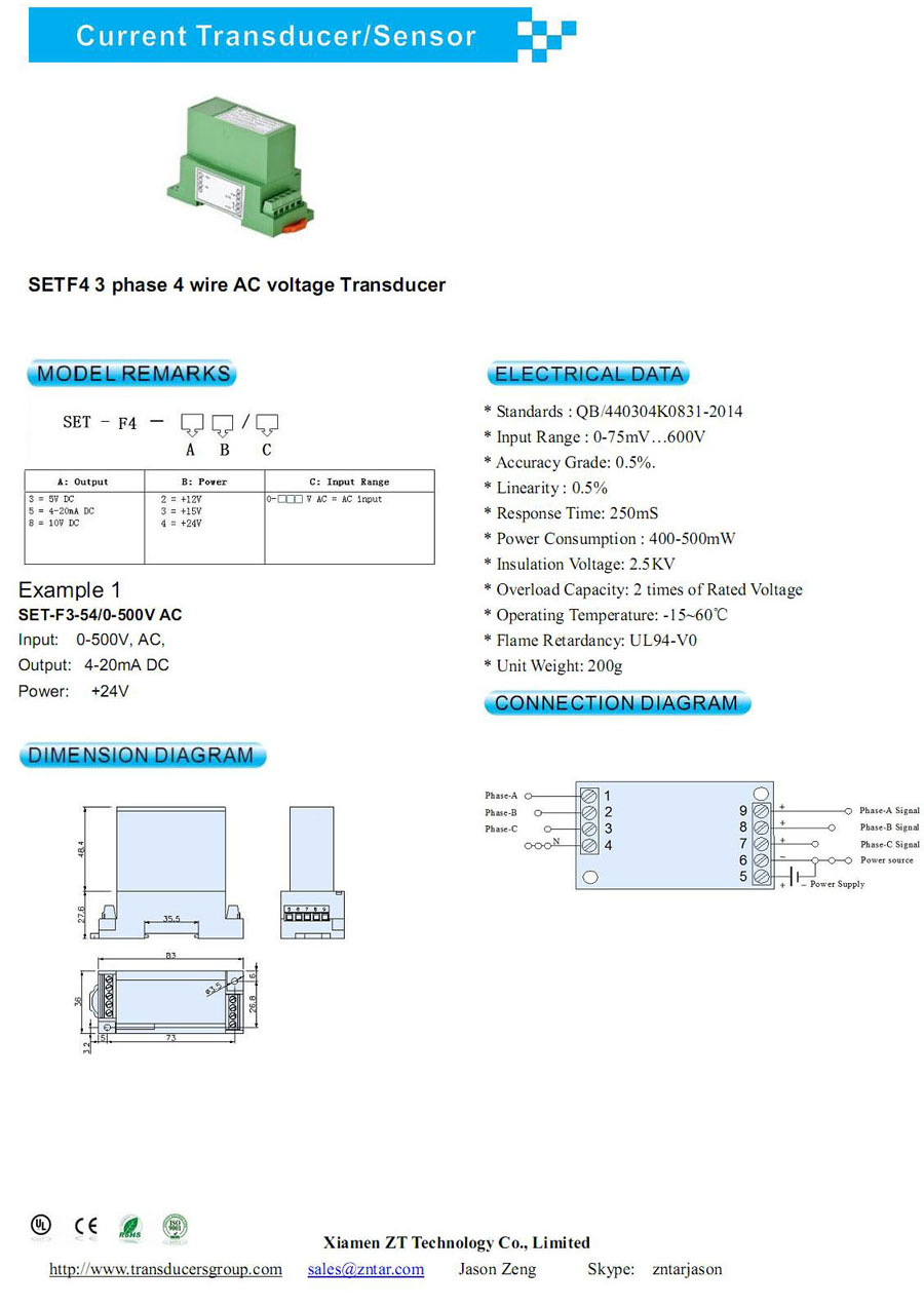 SETF4 3 phase 4 wire AC voltage sensor/ Transducer